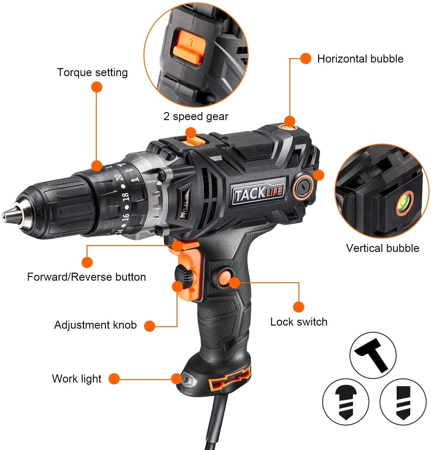 Taladro Alámbrico Percutor/atornillador Con Embrague De Posición, Nivel ...